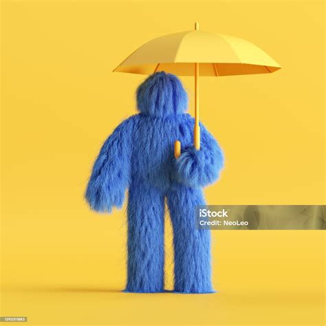 3d 렌더링 재미 예티 만화 캐릭터는 우산을 보유하고 있습니다 계절 날씨 개념 재미있는 장난감 털이 푸른 괴물 클립 예술 은 노란색 배경에 고립 털이 많은에 대한 스톡 사진