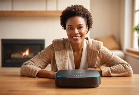 Premium Photo A Woman Setting Up A Smart Home Device In A Modern Home Interior The Image