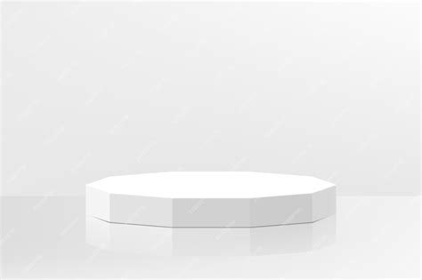 다면체 모양의 추상 흰색 받침대 연단 제품 디스플레이 프리젠테이션을 위한 최소 벽 장면 현실적인 3d 벡터 형상 렌더링 플랫폼 디자인 다면체 프리미엄 벡터