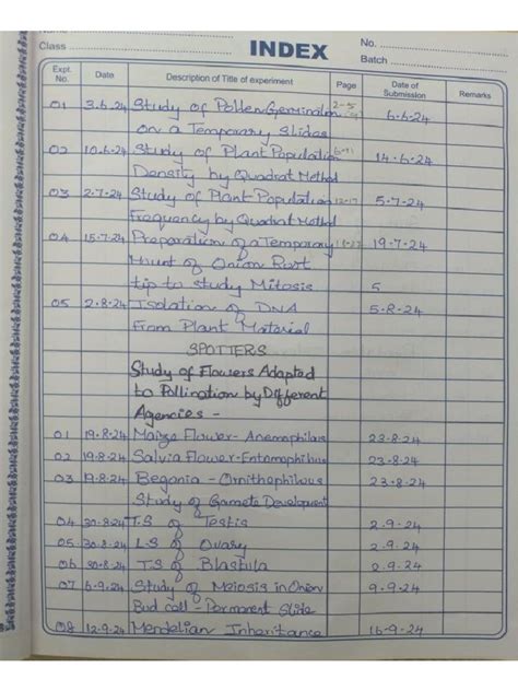 Index Page Of Biology Practical Record 2024 25 Pdf