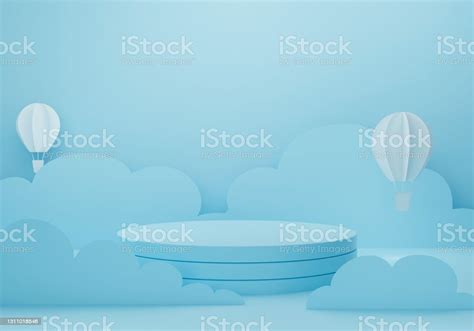 파스텔 배경 추상화에 3d 블루 연단 받침대 테이블에 대한 3d 렌더링 디스플레이 제품 모형 디자인 흰 풍선과 구름 하늘의 종이