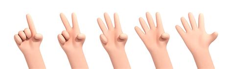 3d 만화 손은 흰색 배경에 고립 된 하나에서 5까지 세고 있습니다 손가락을 올린 손바닥 세트 손 계산의 만화 세트입니다 손은