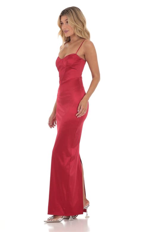 Satin Bodycon Maxi Dress In Red Lucy In The Sky