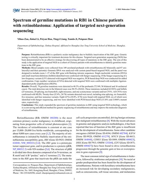 Pdf Spectrum Of Germline Mutations In Rb1 In Chinese Patients With Retinoblastoma Application