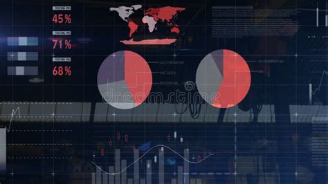 Flat Design Dashboard Presenting Testing Metrics Map Pie Charts Trend Graphs Over Port Stock