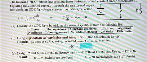 Solved The Following R C Circuit Has Constant Linear Resistance R And Constant Linear