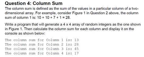 Solved Question 4 Column Sum The Column Sum Is Defined As