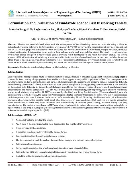 Irjet Formulation And Evaluation Of Tinidazole Loaded Fast Dissolving Tablets Pdf