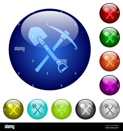 shovel and pickaxe icons on round glass buttons in multiple colors arranged layer structure