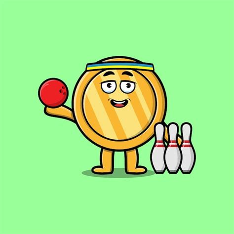 볼링을 치는 귀여운 만화 금화 캐릭터 프리미엄 벡터