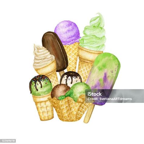 와플 콘 구성 프레임에 초콜릿으로 장식 된 아이스크림 스쿱 아이스 롤리 흰색 배경에 격리 된 수채화 그림입니다 바닐라 초콜릿 그린 피스타치오 아이스크림 볼 구에 대한 스톡