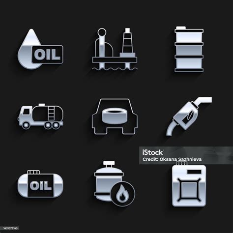 자동차의 스페어 휠 프로판 가스 탱크 모터 오일 캐니스터 가솔린 펌프 노즐 오일 저장 유조선 트럭 배럴 및 드롭 아이콘을 설정합니다 벡터 가솔린에 대한 스톡 벡터 아트 및