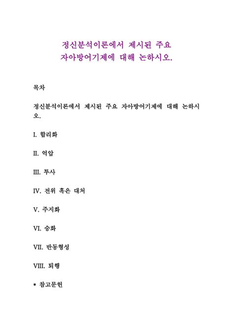 정신분석이론에서 제시된 주요 자아방어기제에 대해 논하시오 사회과학