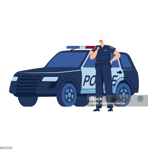 경찰차 흰색 보안 순찰 수송 디자인에 고립 된 보안 차량 만화 스타일의 벡터 일러스트레이션 감시에 대한 스톡 벡터 아트 및 기타