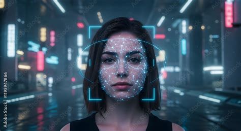 Woman Face And Work Of Biometric Identification System On Dark Blue