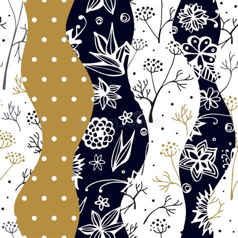 Seamless Patchwork Pattern From Wavy Patches With Floral And Polka Dot