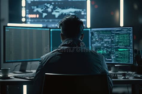 hacker front of his computer committing digital cybercrime stock