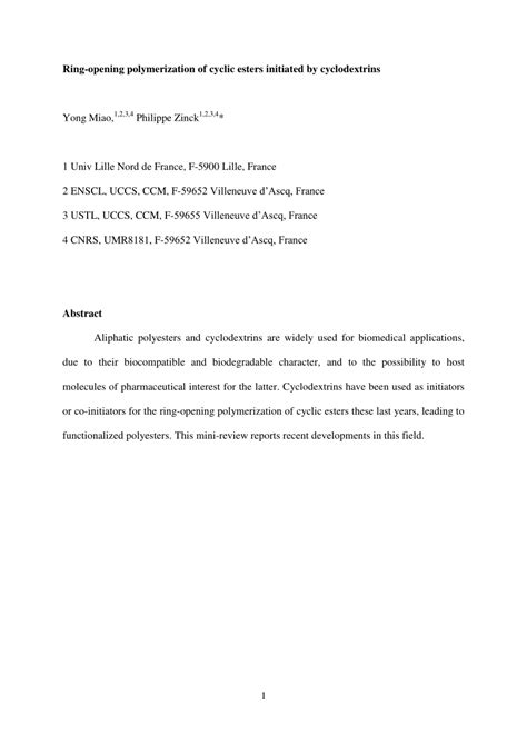 Pdf Ring Opening Polymerization Of Cyclic Esters Initiated By Cyclodextrins