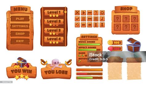 게임 나무 인터페이스 2d 게임을위한 만화 나무 Ui 보드 프레임 나무 질감 패널 메뉴 설정 슬라이더 확인 바 태블릿 Gui 디자인 모바일 앱 게임 요소 벡터 일러스트 레이