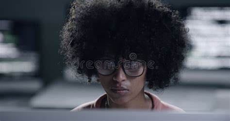 Technology Black Woman Programmer Look At Computer And Working Late At