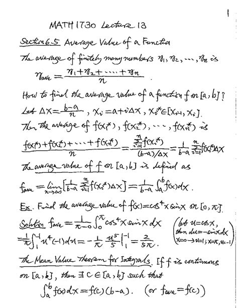 1730 Lecture 13 Math 1730 Lecture 13 Section 6 Average Value Of A Function The Average Of