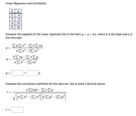 solved linear regression and correlation table[[x y