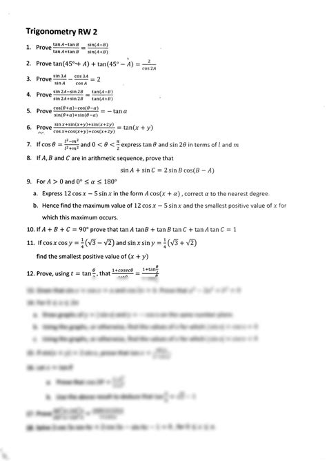 Solution Trigonometry Revision Questions Practice Worksheet Studypool