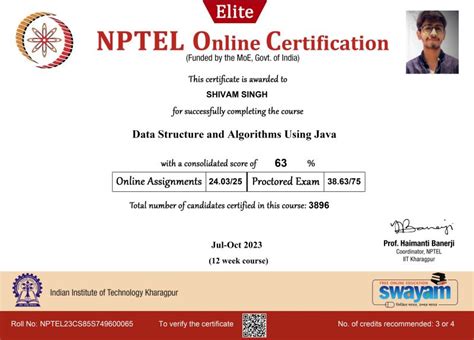 Shivam Singh On Linkedin Nptel Dsajava Certificationcompleted