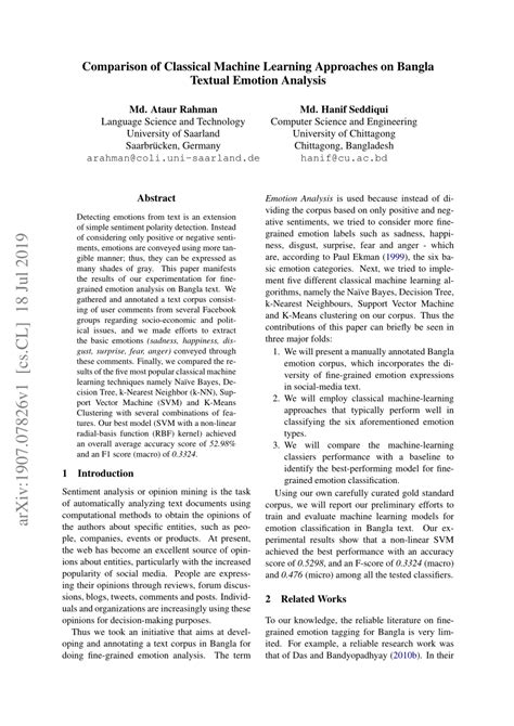 Pdf Comparison Of Classical Machine Learning Approaches On Bangla Textual Emotion Analysis