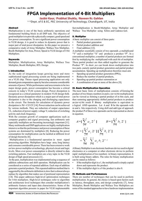 fpga implementation of 4 bit multipliers ijcst