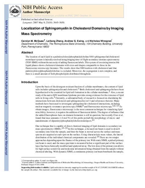 Pdf Localization Of Sphingomyelin In Cholesterol Domains By Imaging