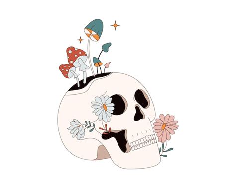 Premium Vector Fantasy Retro Hippie Skull With Mushrooms And Flowers
