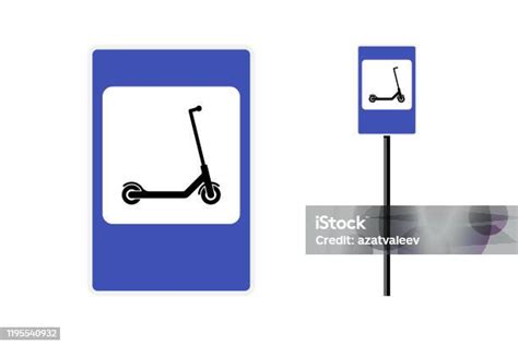 전기 킥 스쿠터 존 블루 직사각형 도로 표지판 환경 친화적 인 녹색 이동성 및 도시 교통 벡터 전자 스쿠터 교통 규제 도로