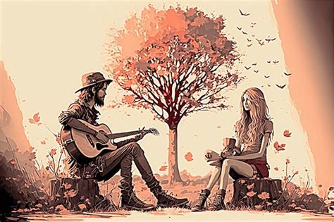 Premium Photo Babe And Girl Under The Tree Lovers Sitting And Playing Guitar Under The Tree In