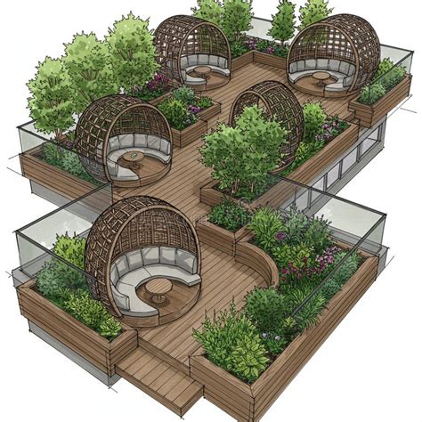 Rooftop Terrace With Circular Wicker Seating Areas Enclosed By Dome