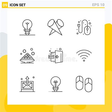 Pictogram Set Of 9 Simple Outlines Of Exit Dish Hardware Ramadan Sweet Stock Vector