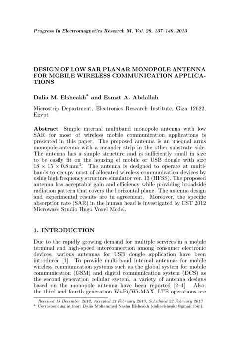 Pdf Low Sar Planar Monopole Antenna For Wireless Communication