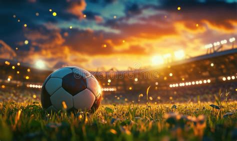 Soccer Ball On Grass Field During Sunset At Stadium With Bright Lights