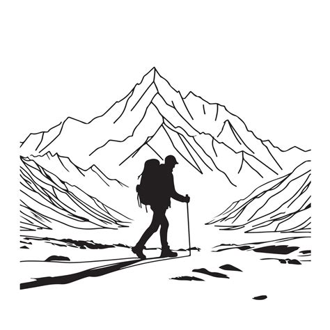 Line Art Drawing Of People Hiking Mountain With Stick Black Silhouettes