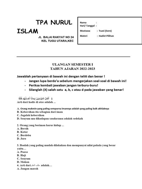 Soal Hadist Nuris Kls 2and3 Pdf