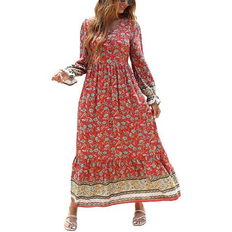 Catzon Womens V Neck Button Boho Floral Print Long Sleeve Maxi Dress