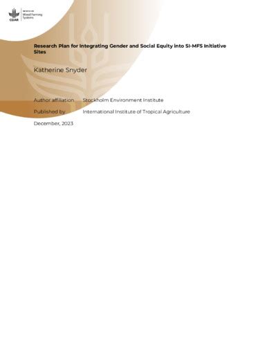 Research Plan For Integrating Gender And Social Equity Into Si Mfs Initiative Sites Cgiar