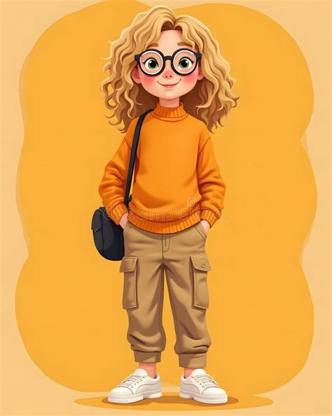 Cartoon Girl With Curly Hair Glasses And Orange Sweater Illustration