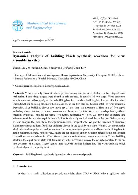 Pdf Dynamics Analysis Of Building Block Synthesis Reactions For Virus