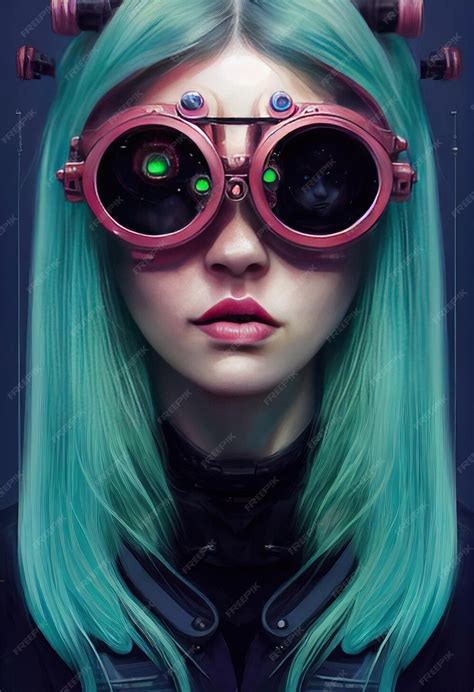 고글 사이버펑크 메타버스 캐릭터 디지털 아트 스타일을 가진 아름다운 복고풍 여성 과학자 프리미엄 사진