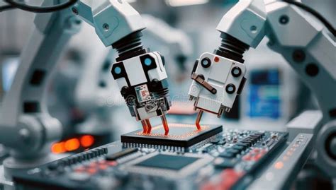 Production Line Showing Robotic System In Semiconductors And Computer