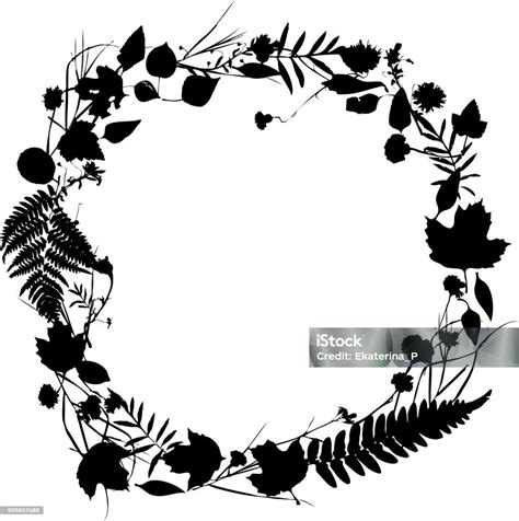 플로랄 라운드 프레임의 화 환 꽃 잎 및 꽃 요소와 자연 디자인 초대 결혼식 또는 인사장 봄 여름 디자인 검은 실루엣 흰색 배경입니다 벡터 가을에 대한 스톡 벡터 아트 및