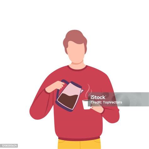 젊은 남자 마시는 커피 남성 캐릭터 남자 붓는 커피 주전자 컵 컵 플랫 벡터 일러스트 공란에 대한 스톡 벡터 아트 및 기타