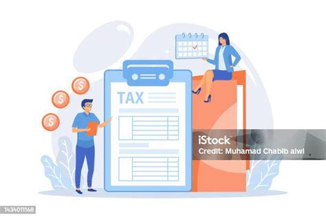 사업가 및 회계사는 클립 보드 및 지불 날짜에 재무 문서 양식을 작성합니다 세금 양식 소득세 신고서 회사 세금 납부 개념 플랫 벡터 현대 일러스트 레이 션 개념에 대한 스톡