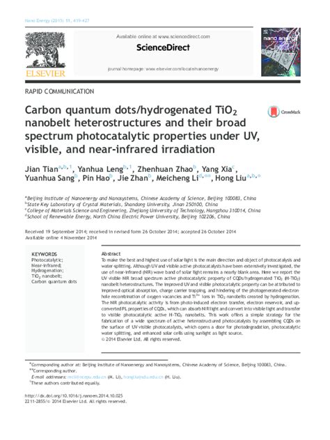 Pdf Carbon Quantum Dots Hydrogenated Tio2 Nanobelt Heterostructures And Their Broad Spectrum